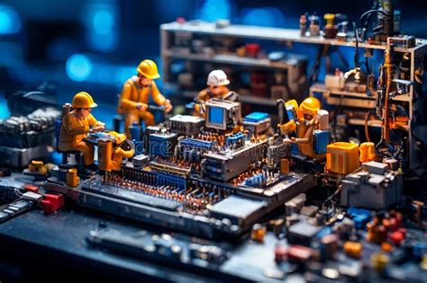 Miniature Technicians Tiny Toys Team Of Engineers Repairing Keyboard Computer Laptop Stock