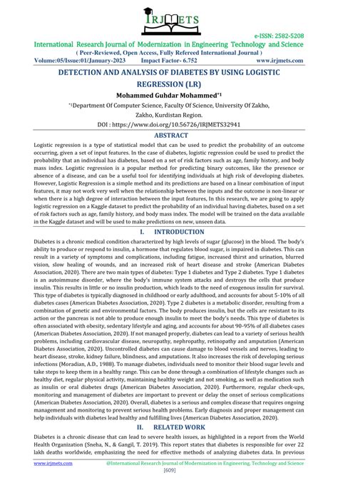 Pdf Detection And Analysis Of Diabetes By Using Logistic Regression Lr