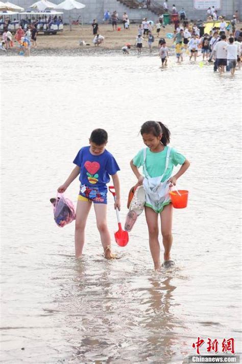 民众走上黄海滩涂“赶海踏浪”避高温启东泱波游客