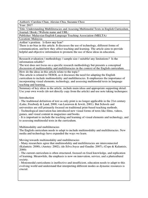 Article Review Understanding Multiliteracies And Assesing Multimodal Texts In English