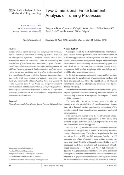Pdf Two Dimensional Finite Element Analysis Of Turning Processes