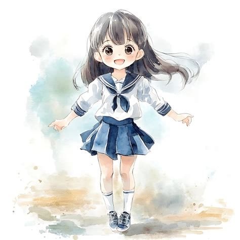 선원 유니폼을 입은 귀여운 애니메이션 소녀의 수채화 일러스트레이션 프리미엄 Ai 생성 이미지