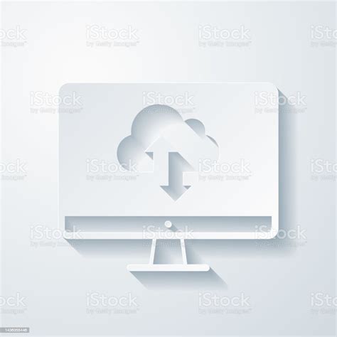 데스크톱 컴퓨터로 클라우드 다운로드 및 업로드 빈 배경에 종이 잘라내기 효과가 있는 아이콘 3차원 형태에 대한 스톡 벡터 아트 및 기타 이미지 Istock