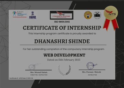 Internship Fullstackdevelopment Webdevelopment Achievement Learning Dhanashri Shinde