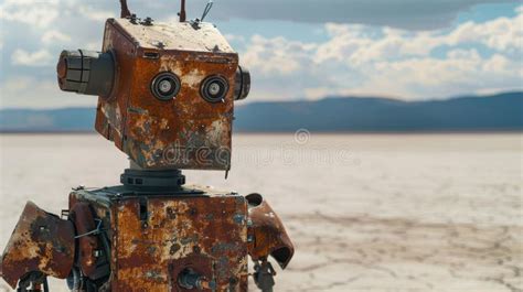 Lonely Rusty Robot Made From Old Parts Standing On The Vast And