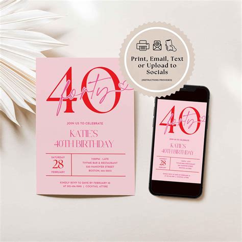 Pink 40th Birthday Invitation Women Scalloped 40th Party Invite For
