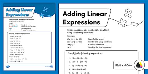 Seventh Grade Adding Linear Expressions Worksheet Twinkl