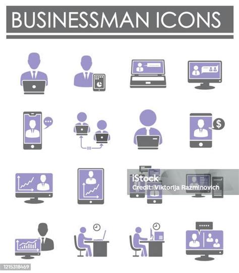 그래픽 및 웹 디자인에 대한 배경에 설정 된 사업가 및 컴퓨터 관련 아이콘 웹 또는 모바일 앱에 대한 창조적 인 일러스트 개념 기호입니다 남자에 대한 스톡 벡터 아트 및