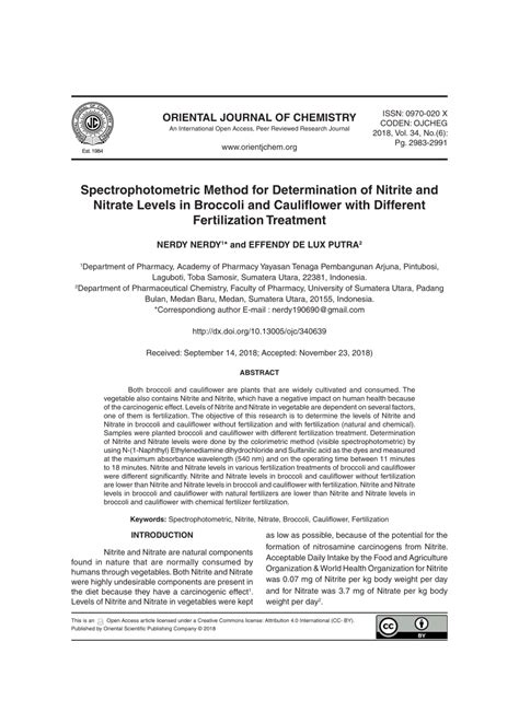 Pdf Spectrophotometric Method For Determination Of Nitrite And Nitrate Levels In Broccoli And