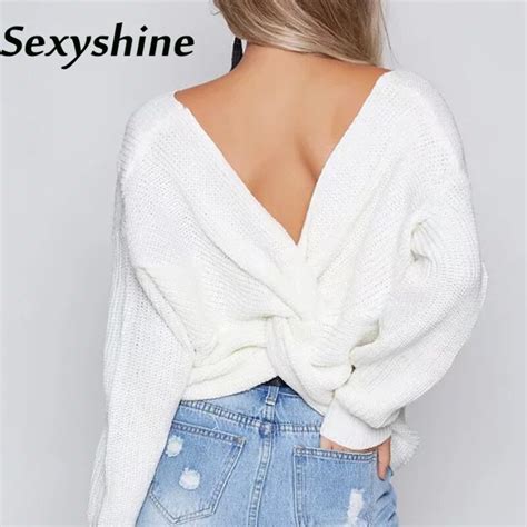 Sexy Deep V Neck Sweater Women Spring Autumn Backless Fashion Long Sleeve Twisted Cross Tie Knot