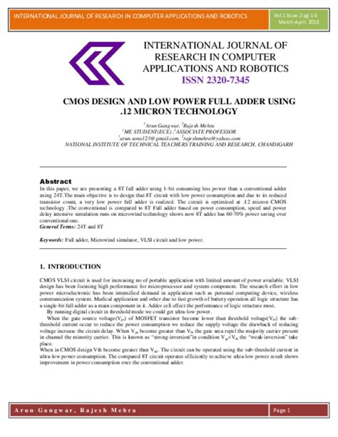 Pdf Cmos Design And Low Power Full Adder Using 12 Micron Technology