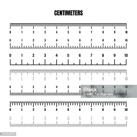 길이 또는 높이를 측정하기위한 사실적인 검은 센티미터 스케일 분할이 있는 다양한 측정 스케일 눈금자 테이프 측정 표시 크기 표시기 벡터 일러스트 레이 션 0명에 대한 스톡