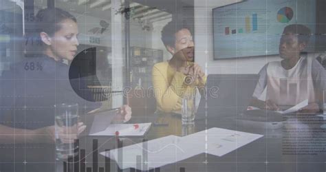 Animation Of Data Processing And Diagrams Over Diverse Colleagues Discussing Work Stock Footage