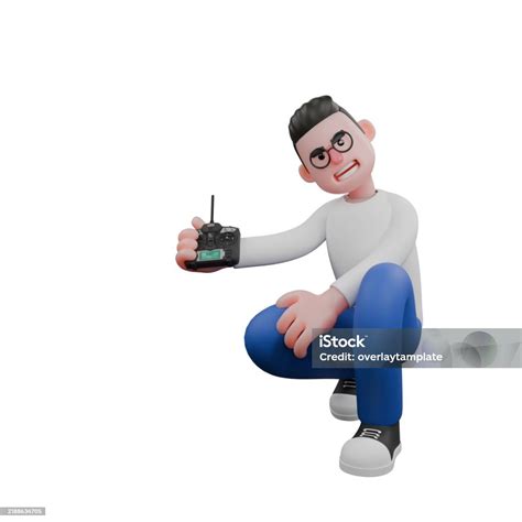 만화 스타일의 3d 모델 일러스트 레이 션에 비디오 편집기 남성 비디오 편집자가 오른손을 앞으로 뻗어 리모컨을 들고 활짝 웃는 표정으로 웅크리고 있습니다 디자인 캐릭터 3