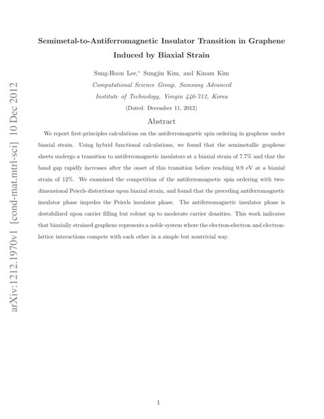 Pdf Semimetal Antiferromagnetic Insulator Transition In Graphene Induced By Biaxial Strain