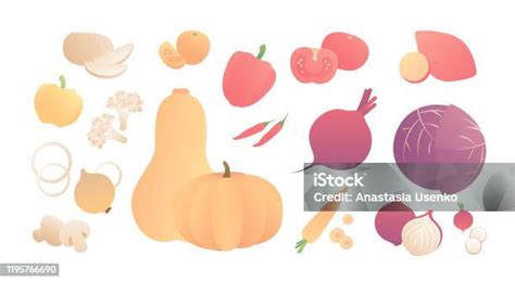 벡터 색상 빨간색과 노란색 야채 세트입니다 흰색 배경에 고립 된 슬라이스와 현대 스타일의 평면 일러스트 야채 배너 포스터 웹 채식주의 자 여름 메뉴 비타민을위한 디자인 요소