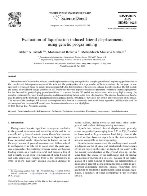 Pdf Evaluation Of Liquefaction Induced Lateral Displacements Using