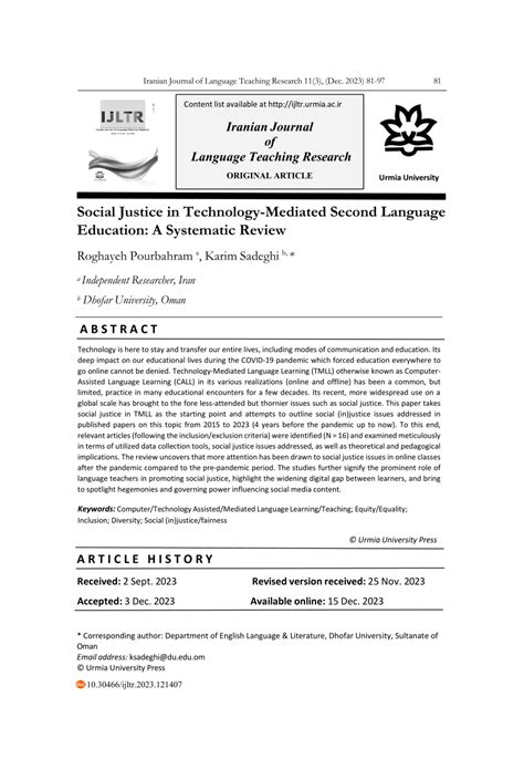 Pdf Social Justice In Technology Mediated Second Language Education A Systematic Review