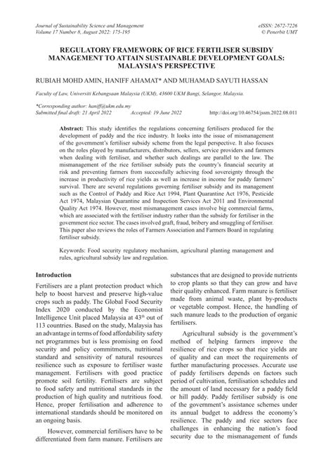 Pdf Regulatory Framework Of Rice Fertiliser Subsidy Management To