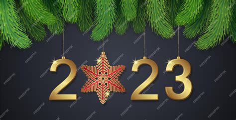 메리 크리스마스와 새해 복 많이 받으세요 2023 배너 매달려 별 장식용 크리스마스 트리 프리미엄 벡터