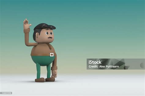 갈색 긴팔 셔츠 녹색 바지를 입은 콧수염을 가진 남자 그는 말할 때 몸과 손의 표현입니다 연기에서 만화 캐릭터의 3d 일러스트 레이터 3차원 형태에 대한 스톡 사진 및 기타