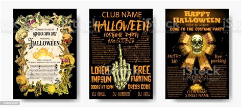 할로윈 의상 파티 초대장 및 인사말 카드 설정 전단지 배너 포스터 템플릿 손으로 그린된 두개골 및 뼈 요소와 필기 잉크 글자 많은 텍스트를 위한 공간입니다 벡터입니다 10