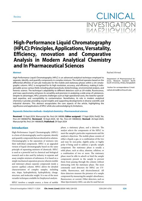Pdf Highperformance Liquid Chromatography Hplc Principles Applications Versatality Efficiency