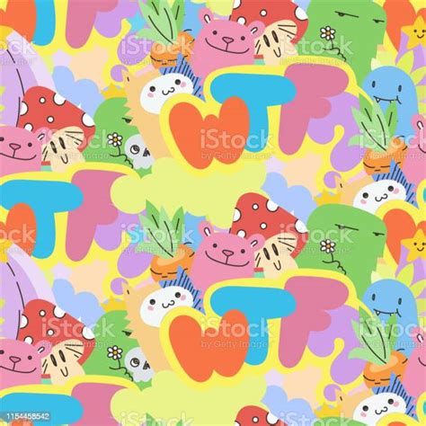 귀여운 만화 괴물과 짐승과 원활한 벡터 패턴입니다 포장에 대 한 좋은 포장지 색칠 페이지 벽지 직물 패션 홈 장식 인쇄 등 낙서 드로잉에 대한 스톡 벡터 아트 및 기타