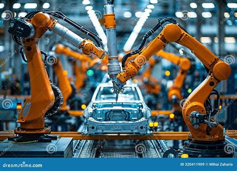 Robotic Arms Assembling Car In Automated Factory Stock Illustration