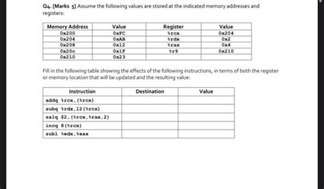 solved q4 [marks 5 ] assume the following values are stored