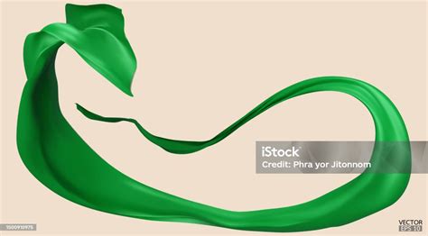 녹색 실크 섬유 직물 깃발 배경을 날고 있습니다 부드럽고 우아한 녹색 새틴 베이지 색 배경에 격리 된 그랜드 오프닝 행사 녹색 커튼 3d 벡터 그림입니다 0명에 대한 스톡