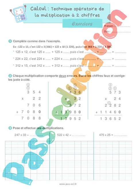 Technique Opératoire De La Multiplication à 2 Chiffres Exercices De Calcul 3eme Primaire