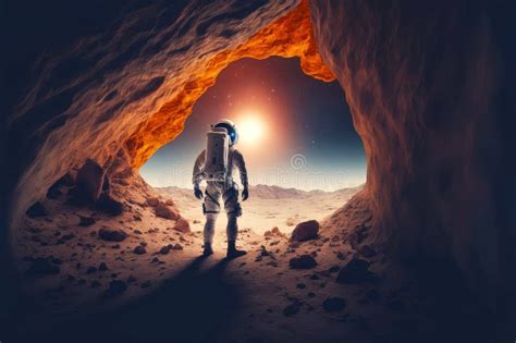 Floating Astronaut Climbing Into Cave On Large Unexplored Planet With Atmosphere Stock