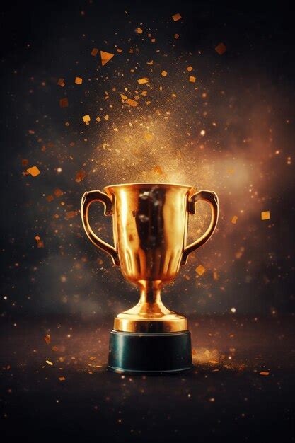 어두운 수직 배경x9에 떨어지는 색종이 조각이 있는 화염 황금 챔피언 컵이 포함된 Generative Ai 우승자 트로피