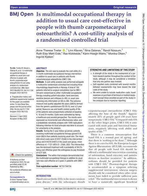 Pdf Is Multimodal Occupational Therapy In Addition To Usual Care Cost Effective In People With