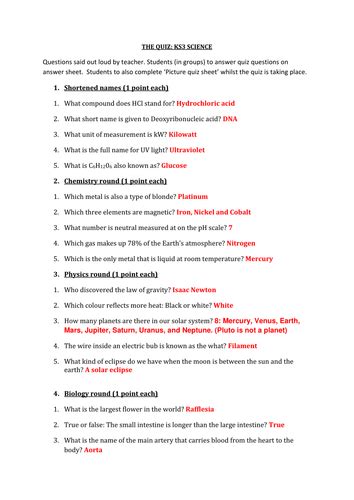 End Of Year Ks3 Science Quiz 2 Teaching Resources