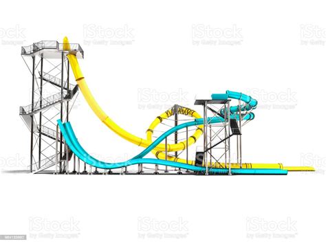 그림자와 흰색 배경에 렌더링 3d 측면 Aquapark 위해 현대 두 노란색과 파란색 워터 슬라이드 워터 슬라이드에 대한 스톡