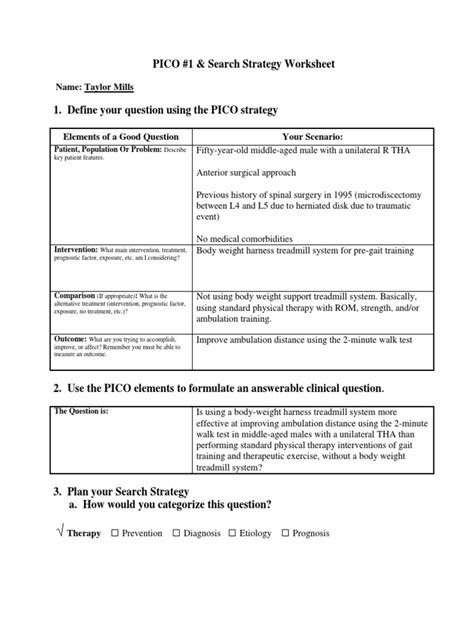 Pico 1 And Search Strategy Worksheet Name Taylor Mills Pdf