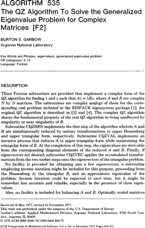 Algorithm 535 The Qz Algorithm To Solve The Generalized Eigenvalue