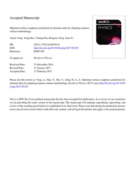 Pdf Optimum Surface Roughness Prediction For Titanium Alloy By Adopting Response Surface
