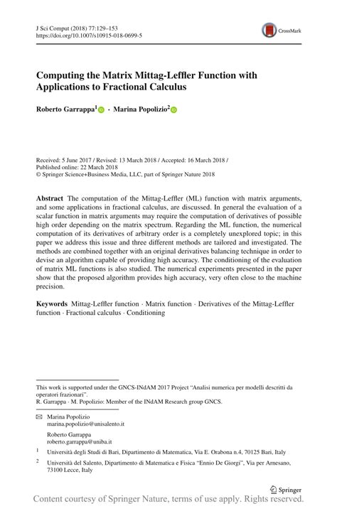 Computing The Matrix Mittag Leffler Function With Applications To Fractional Calculus Request Pdf