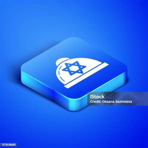 파란색 배경에 고립 된 데이비드 아이콘의 별이있는 등각 칭량 유대인 키파 유대인 야물케 모자 파란색 사각형 버튼입니다 벡터