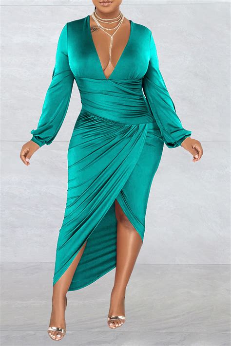 Wholesale Green Sexy Solid Patchwork Fold Asymmetrical V Neck Irregular