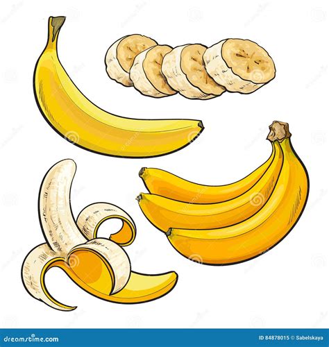 Sliced Peeled Singl And Bunch Of Three Ripe Banana Stock Vector Illustration Of Nutrition
