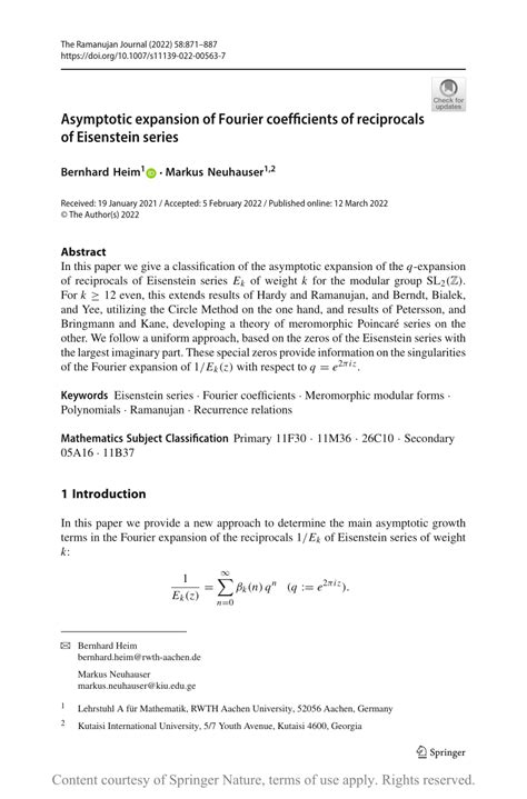 Pdf Asymptotic Expansion Of Fourier Coefficients Of Reciprocals Of Eisenstein Series