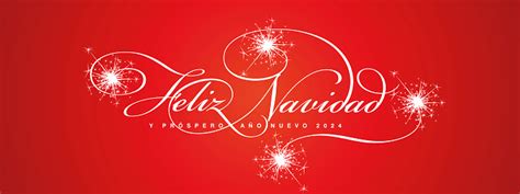 메리 크리스마스와 새해 복 많이 받으세요 스페인어 언어 아름 다운 백색광 우아한 브러쉬 스크립트 서예 타이포그래피 로그인 반짝임 불꽃 놀이 서예 Endigs 빨간 배경