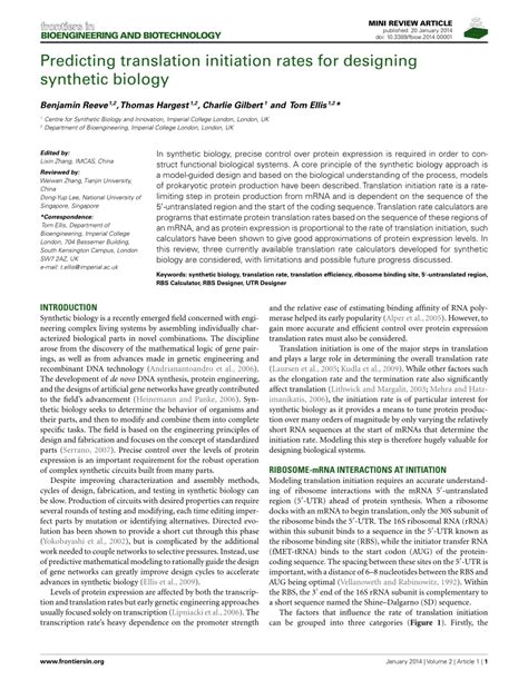Pdf Predicting Translation Initiation Rates For Designing Synthetic Biology