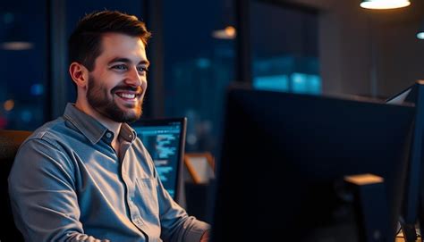 Portrait Man And Smile Of Programmer On Computer In Office Workplace At Night It Face And Male