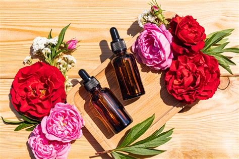 얼굴과 몸 피부 관리를위한 자연 요법 또는 오일이 담긴 두 개의 어두운 유리 화장품 병 쟁반 빨간 장미와 나무 배경 상의 View 공란에 대한 스톡 사진 및 기타 이미지