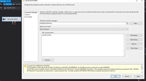 ssis hresult 0x80004005 consider using the with result sets clause to explicitly describe the